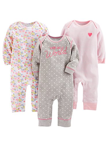 Simple Joys by Carter's Baby Girls' Jumpsuits, Pack of 3, Grey Hearts/Pink Floral/White Stripe, 12 Months