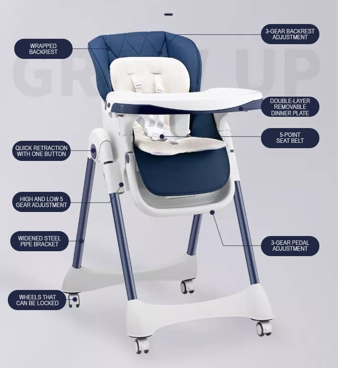 Adjustable High Chair for Babies & Toddlers - Detachable Tray Liner - Easy Cleaning - Adjusts as Child Grows - Reclines for Bottle Feeding - Adjusts to 6 Different Heights - 4 Locking Wheels