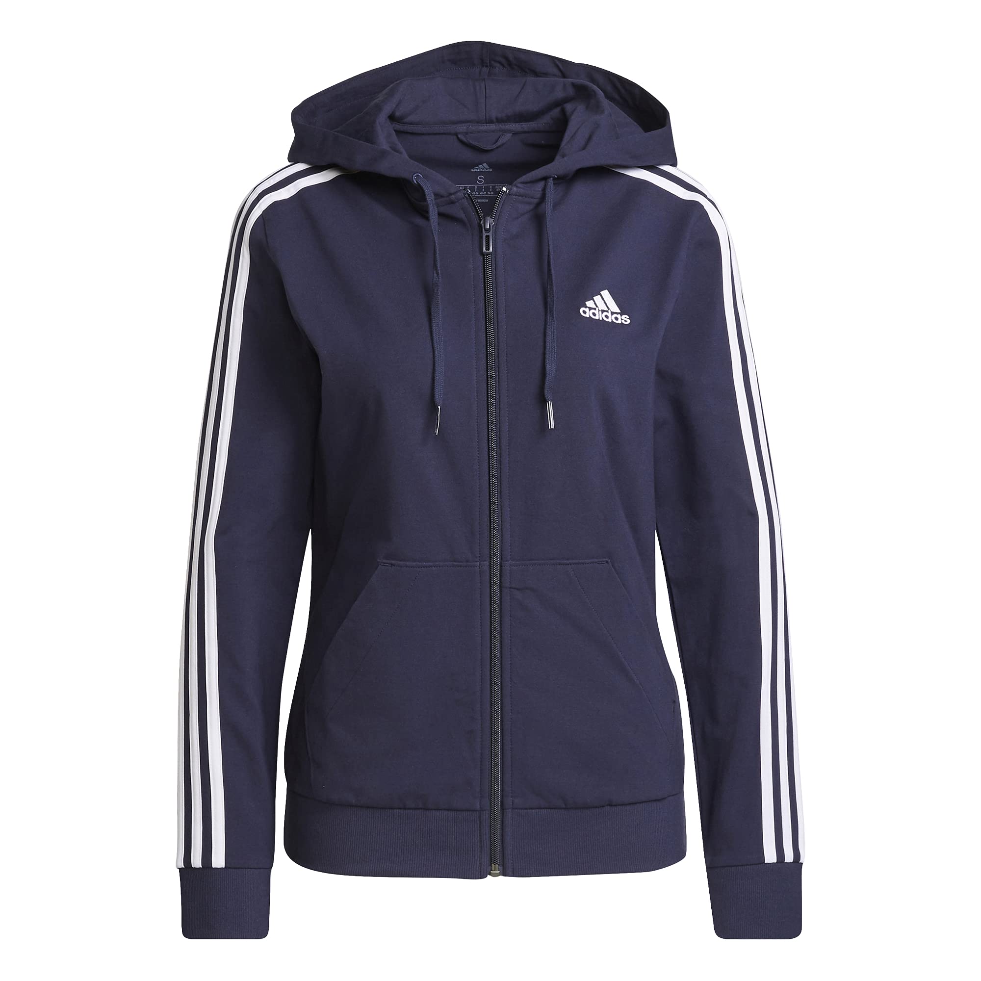 adidas Women's Essentials Single Jersey 3-Stripes Full-Zip Hoodie, Legend Ink/White, Medium
