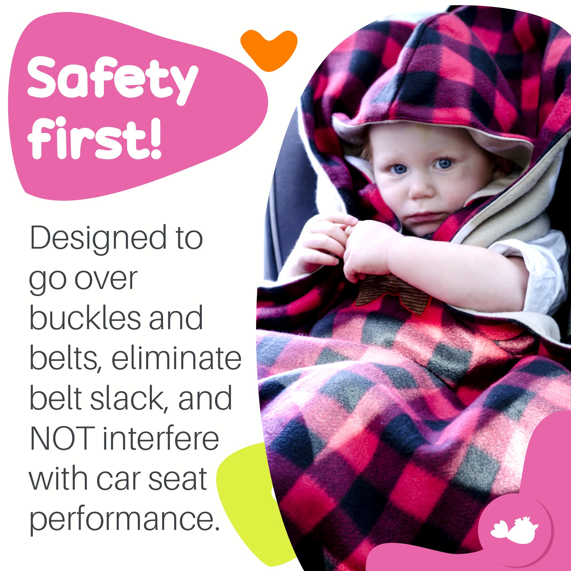 Birdy Boutique Car Seat Poncho for Kids – Safe to Use Over Seat Belts – Reversible Warm and Cozy Blanket – Easy on Easy Off and Doesn’t Impact Car Seat Performance – Deer and Buffalo Plaid – One Size