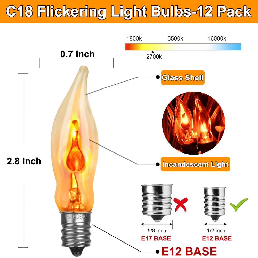 Christmas Flickering Light Bulbs 12 Pack C18 Flickering Flame Light Bulbs E12 Base Flickering Flame Bulbs 1 Watt/120 Volts for Christmas Candelabra Window Candle Lamp Christmas Replacement Bulbs