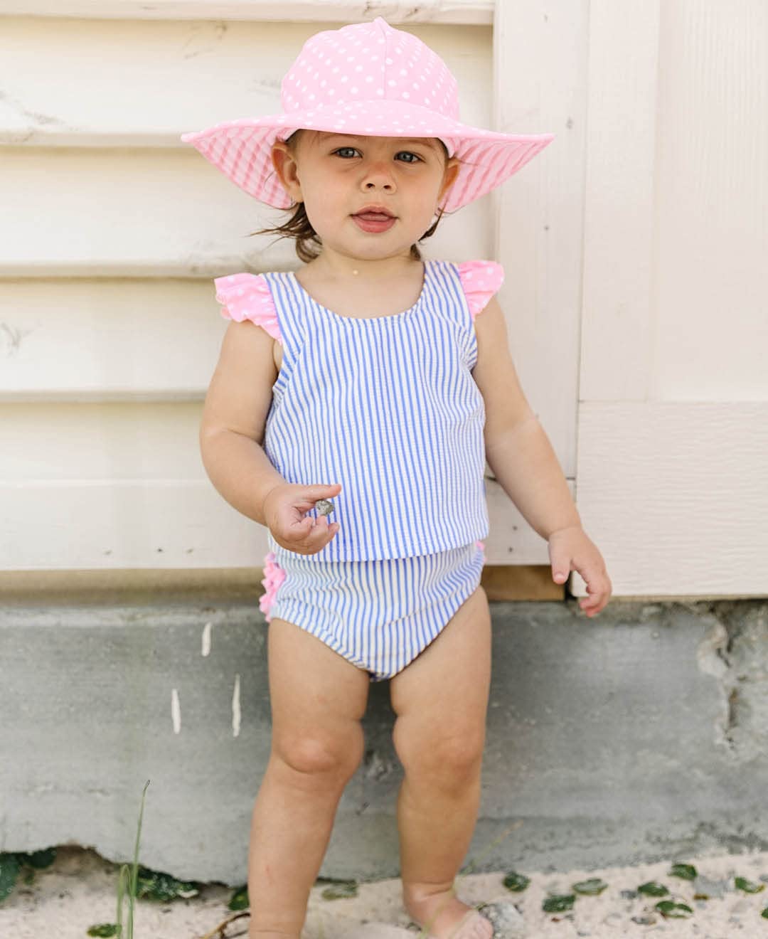 RuffleButts® Baby/Toddler Girls Pink Polka Dot and Pink Stripe Reversible Swim Hat - 0-12m