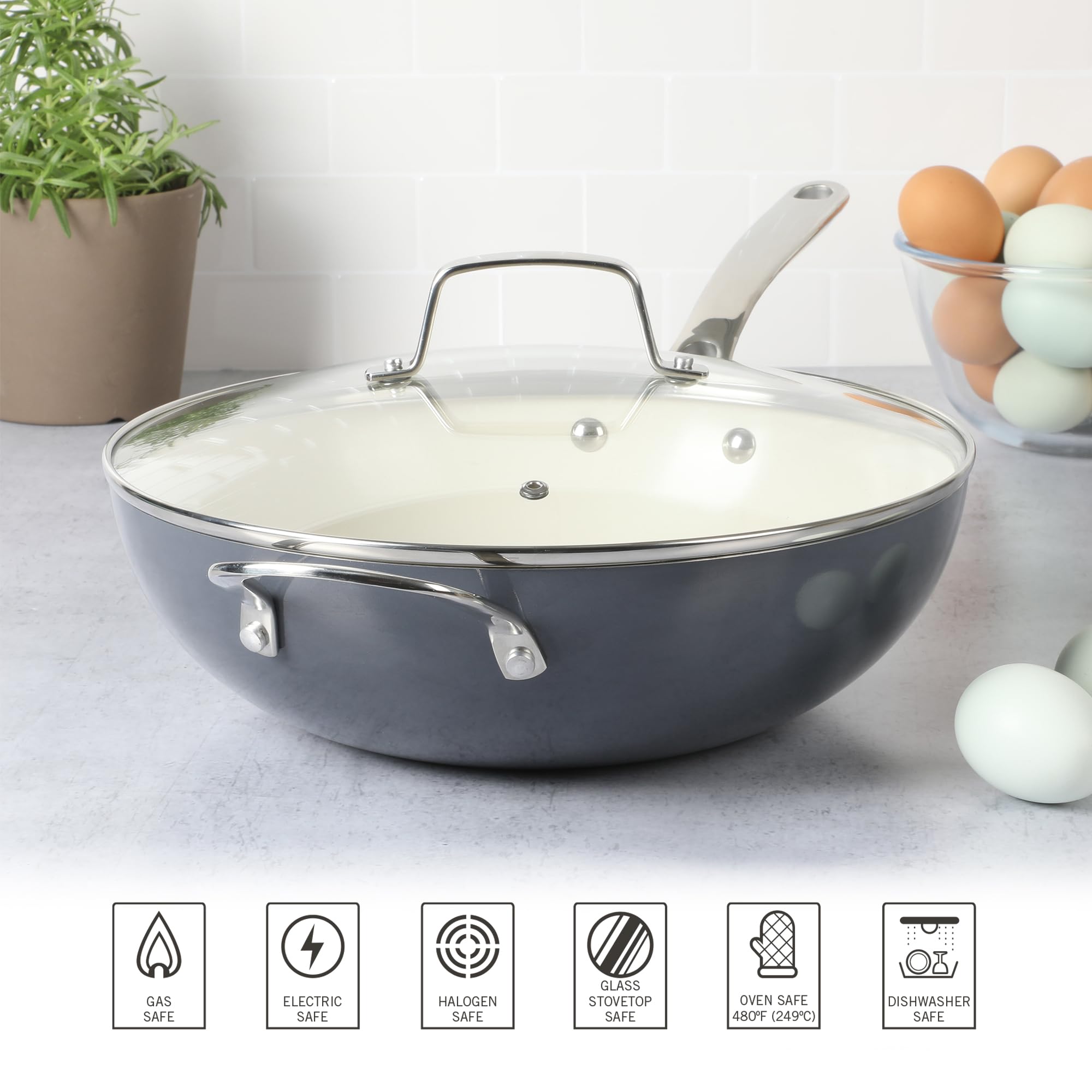 Martha Stewart Lockton 12" Essential Multipurpose Heavy Gauge Aluminum Frypan/Wok Pan w/PFA Free Premium Ceramic Nonstick Interior- Grey