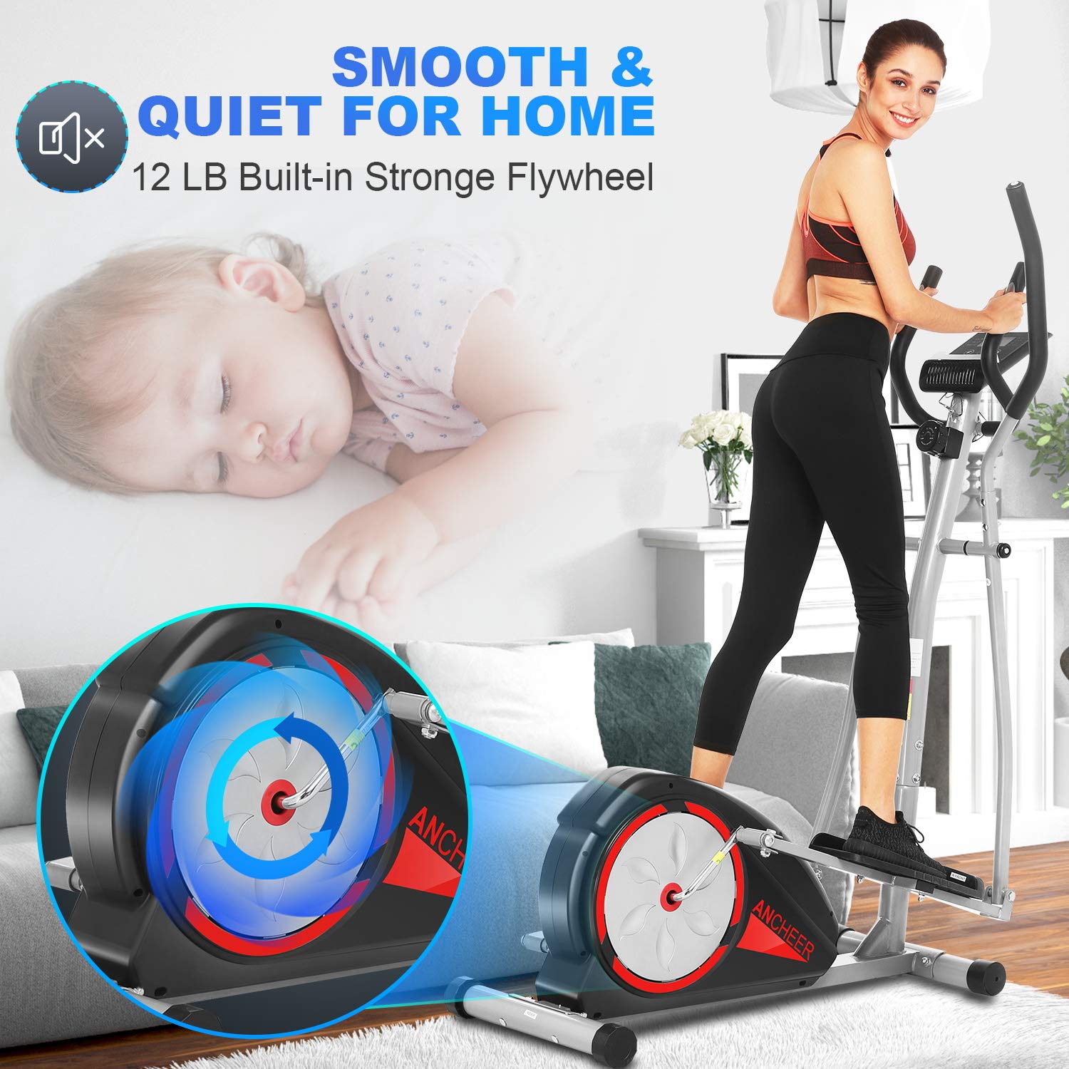 ANCHEER Elliptical Machine for Home Use, Magnetic Elliptical Training with Pulse Rate Grips and LCD Monitor, Smooth Quiet Driven for Home Gym Office Workout