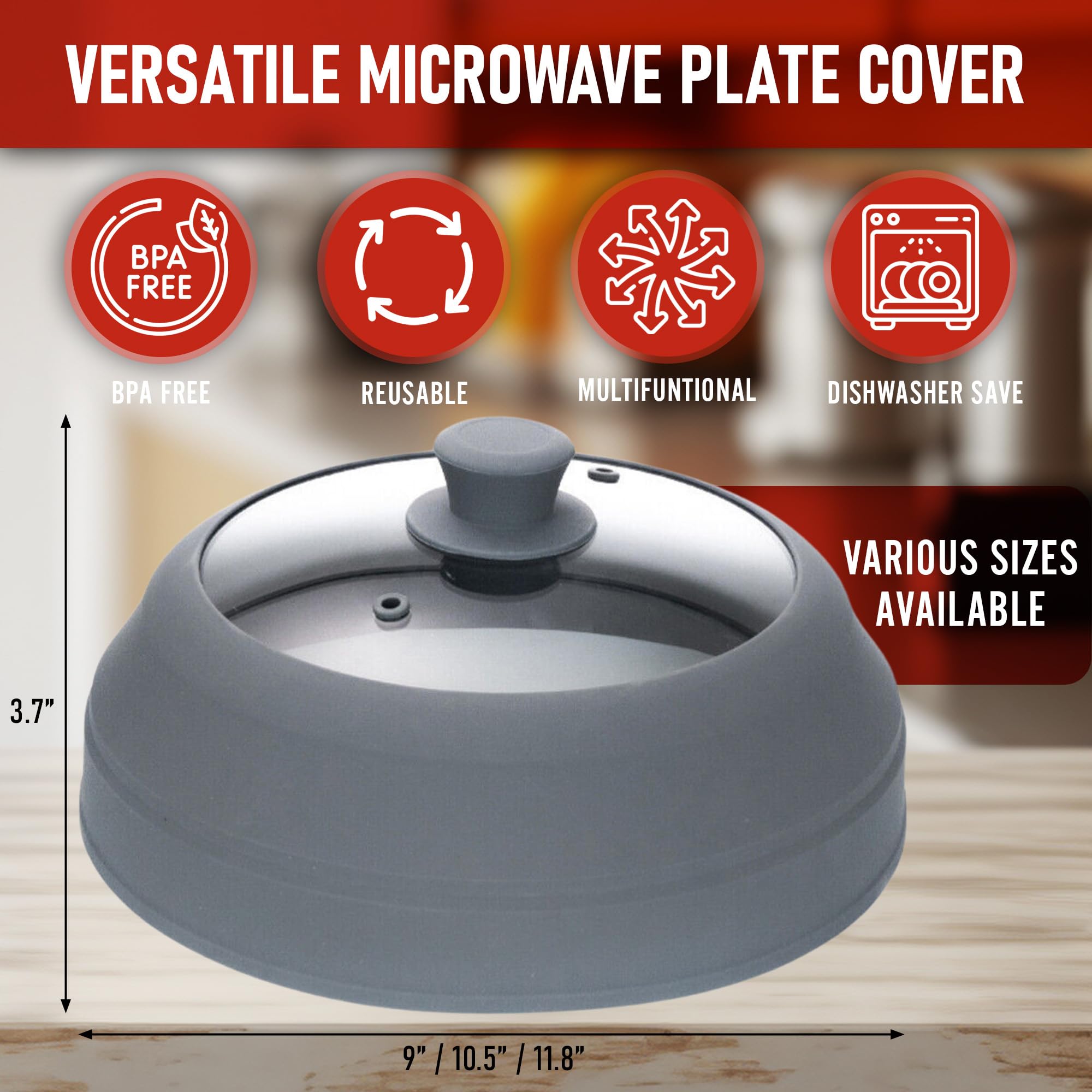 Collapsible Microwave Cover - Large 11.8" Tempered Glass & Silicone Lid, Heat Resistant, Splatter Guard with Easy-Grip Handle - Grey