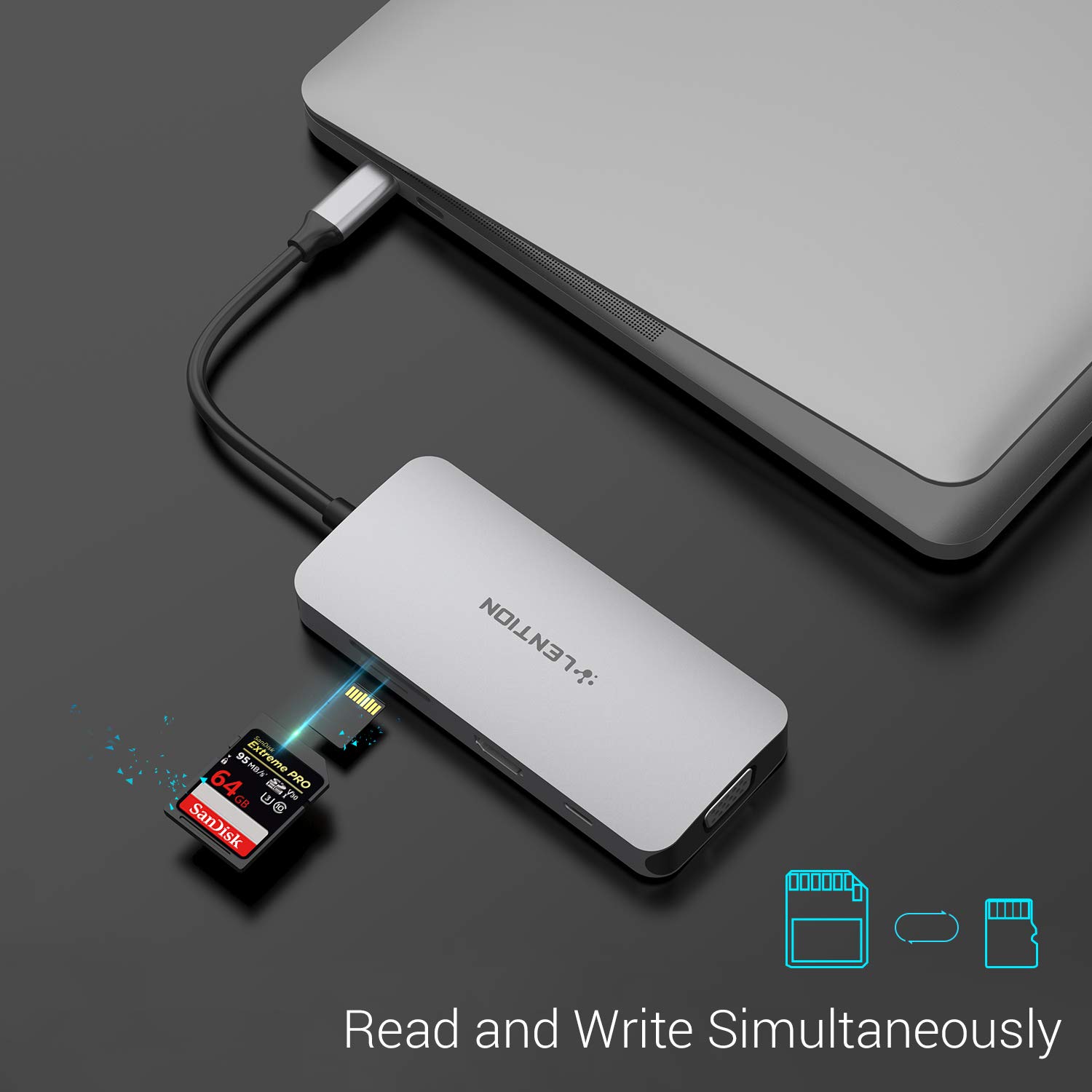 LENTION USB C Hub with 4K HDMI, VGA, SD/Micro SD Card Reader, 3 USB 3.0, Type C Charging Adapter Compatible 2022-2016 MacBook Pro, New Mac Air/Surface, Chromebook, More (CB-CE55, Space Gray)