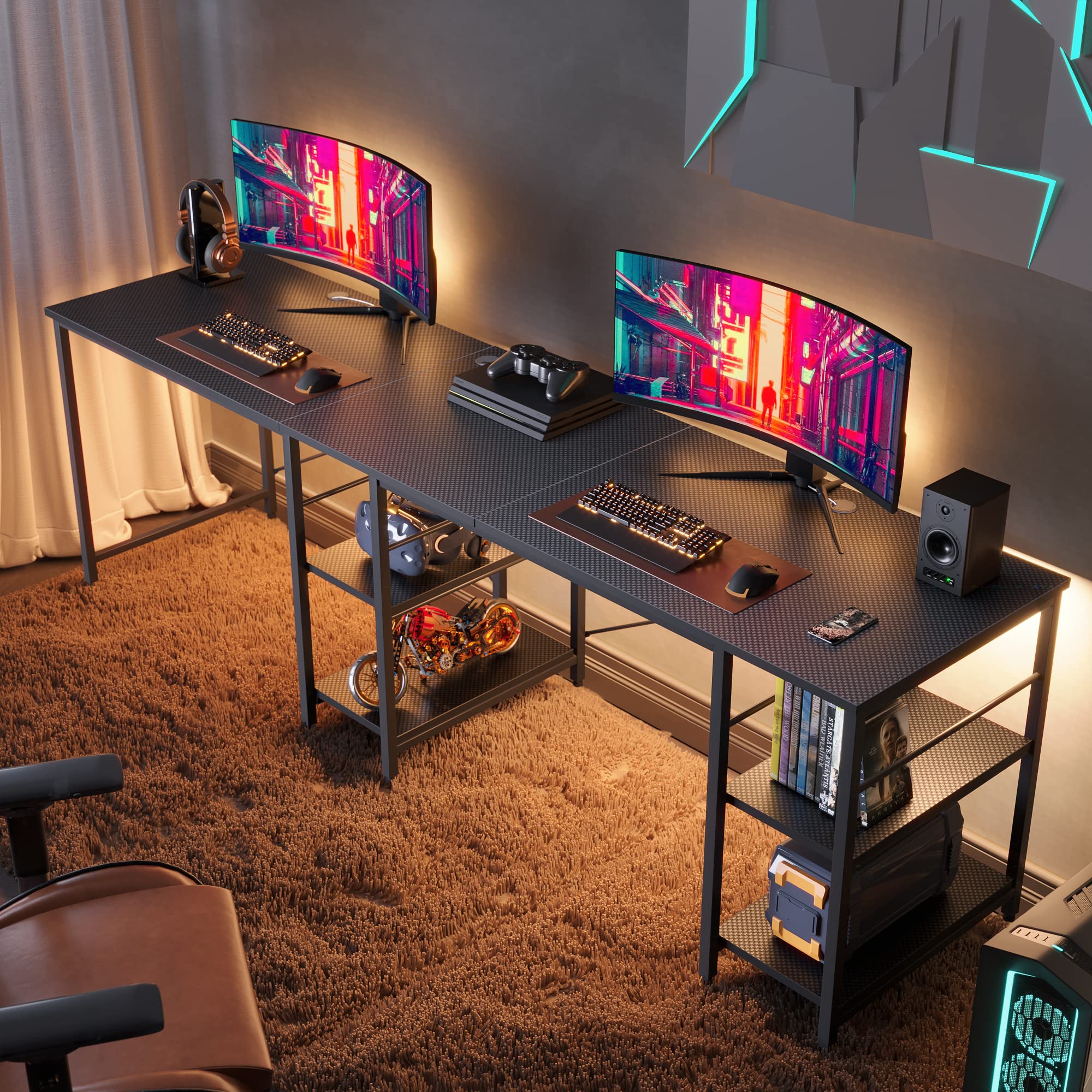 Bestier L Shaped Gaming Desk with Shelves 95.2 Inch Reversible Corner Computer Desk or 2 Person Long Table for Home Office Large Writing Storage Workstation P2 Board with 3 Cable Holes, Carbon Fiber