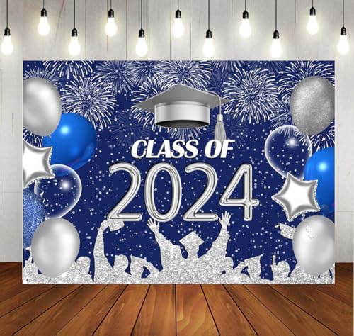 LYCGS 7X5ft Graduation Backdrop Navy Blue and Silver 2024 Graduation Party Backdrop for Class Celebration Graduation Prom Party Decor Supplies Photo Booth Banner X-52