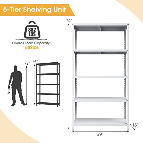 Tangkula Garage Storage Shelves for Free Combination, 5-Tier Heavy Duty Metal Shelving Unit, Multipurpose Organizing Rack for Basement Warehouse Garage, Simple Assembly, 39 x 16 x 74 Inch (1, White)