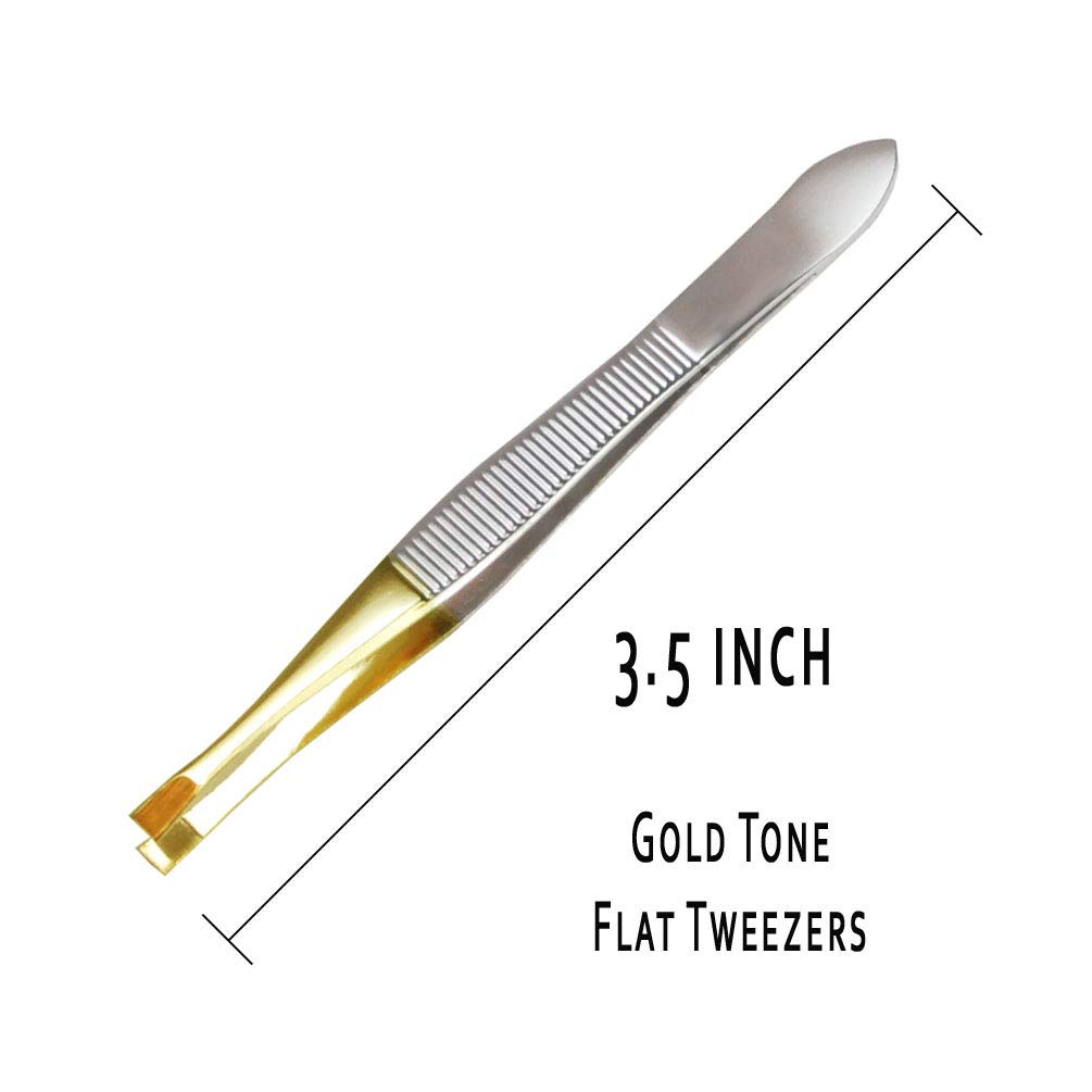 Luxxii (3 Pack) Gold Tone Flat Tweezers - Stainless Steel Flat Tweezers Hair Plucker for Hair and Eyebrows Personal Care (E_GOLD TONE)