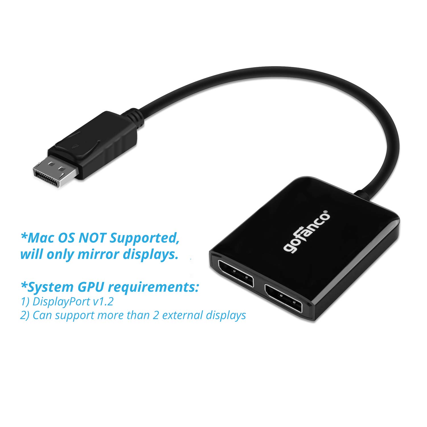 gofanco 1x2 DisplayPort 1.2 Display Splitter Adapter – DP to Dual DisplayPort MST Hub Converter, 4K @30Hz, for Windows PCs, Not Mac OS Compatible, Eyefinity Support (DPMST2DP)
