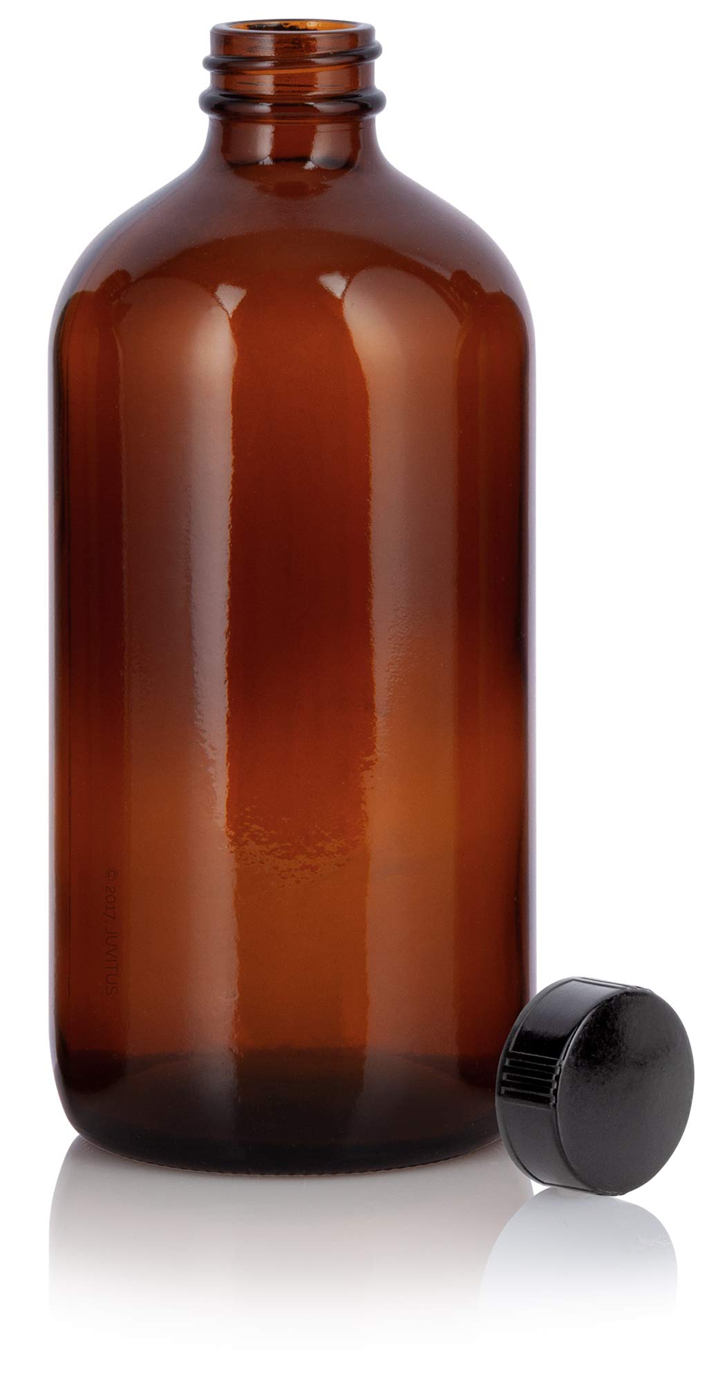 JUVITUS 16 oz Amber Glass Boston Round Bottle with Airtight Black Phenolic Cap (4 Pack)