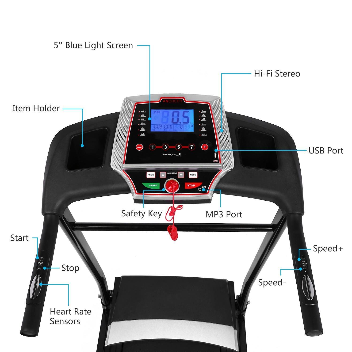 ANCHEER Folding Treadmill with Incline, Electric Treadmill for Home, APP Connected Treadmill, Shock Absorption System, Bluetooth Audio Speakers, Pulse Monitor, 12 Preset Programs Running Machine