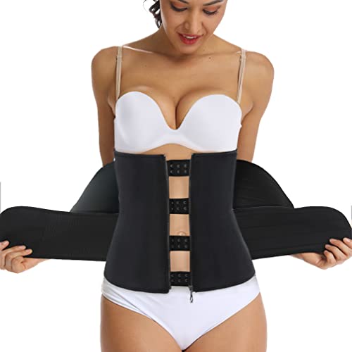 HOPLYNN Sweat Waist Trainer for Women Two Belts, Neoprene Workout Corset Waist Trainer Cincher Trimmer Shaper Zipper Black Large