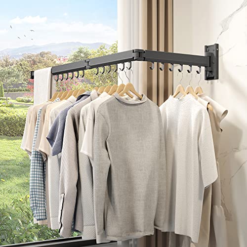 CHAHUANV Wall Mounted Clothes Drying Rack,Laundry Drying Rack Wall Mount,Laundry Clothes Hanger,Drying Rack Clothing,Retractable Laundry Rack for Hanging Clothes,Collapsible,Foldable,Grey-Hooks