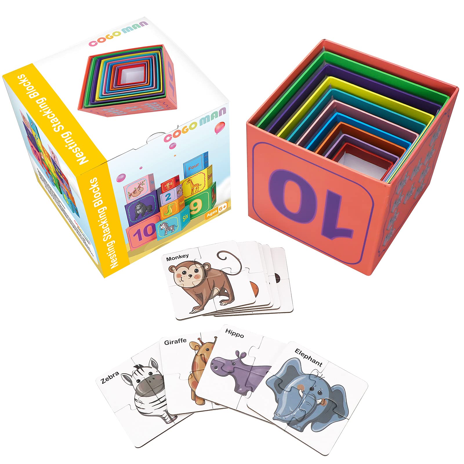 COGO MAN Nesting and Stacking Blocks Stacking Toys for Toddlers Plus Animal Puzzle Toys Set Number Blocks Counting Learning & Educational Toys Education Supplies Montessori Toys