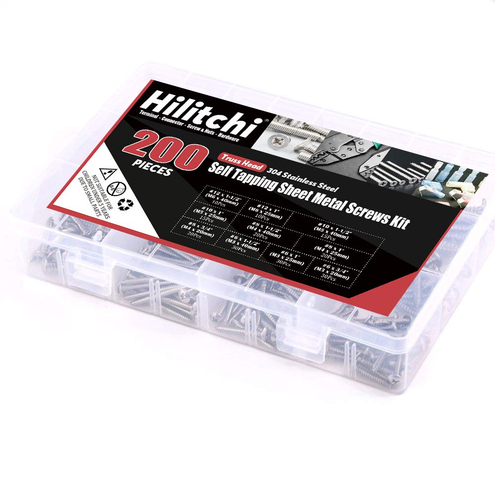 Hilitchi 304 Stainless Steel Hex Washer Head and Phillips Truss Head Self Drilling Sheet Metal Tek Screws Assortment Kit (Phillips Truss Head)