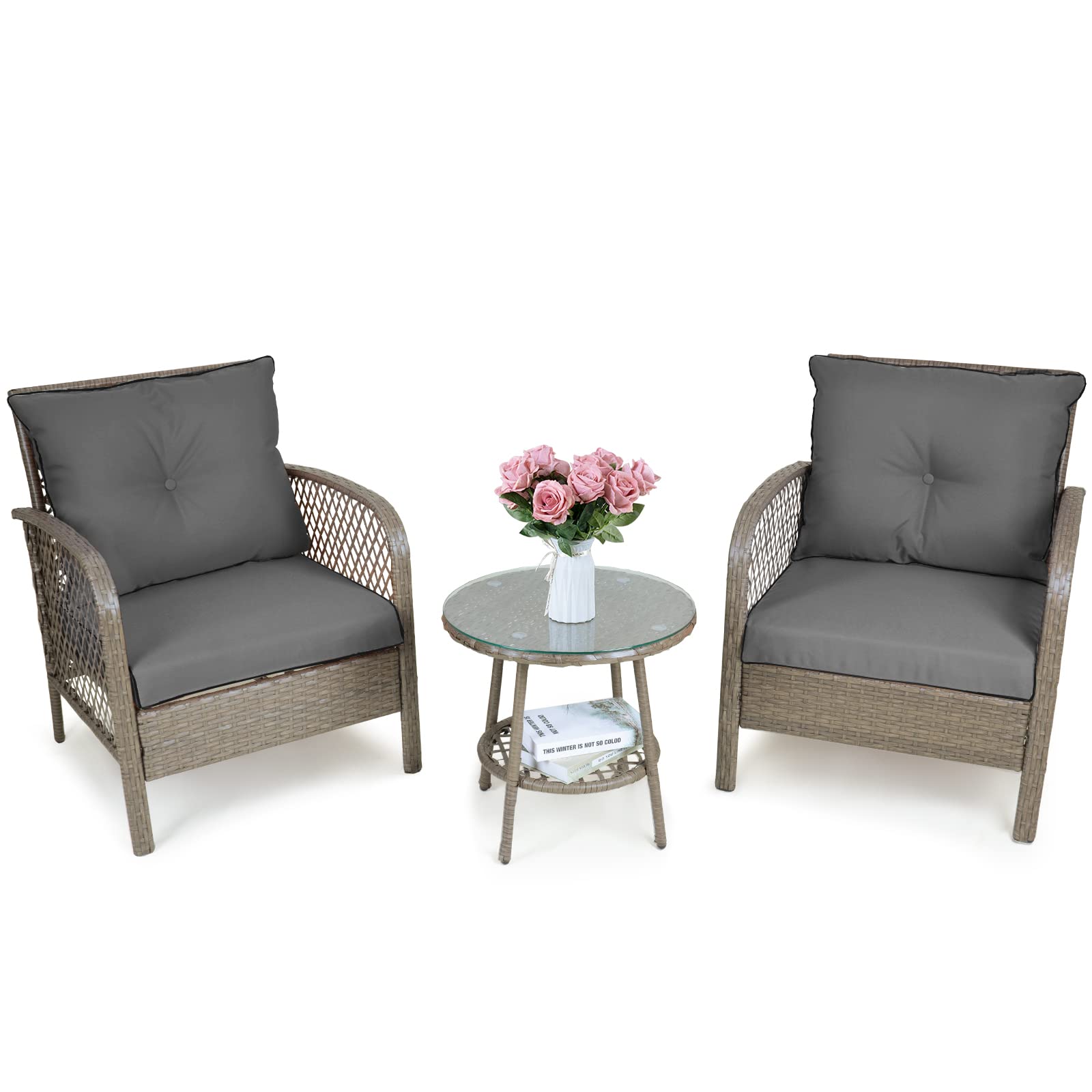 FYRICKYLINOO 3 Pieces Patio Conversation Set Outdoor Patio Furniture Sets All Weather PE Rattan Wicker Porch Sofa Single Chairs with 2 PCS Pillows & Coffee Table for Garden Backyard(Grey Cushions