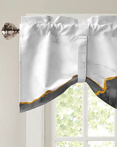 Funnywall88 Tie Up Curtain Valance for Living Room,Wild Marble Pattern Gold Black Grey White Ombre Valance for Kitchen Window Valance Adjustable Tie-up Valance 18 Inch Rod Pocket 1 Panel