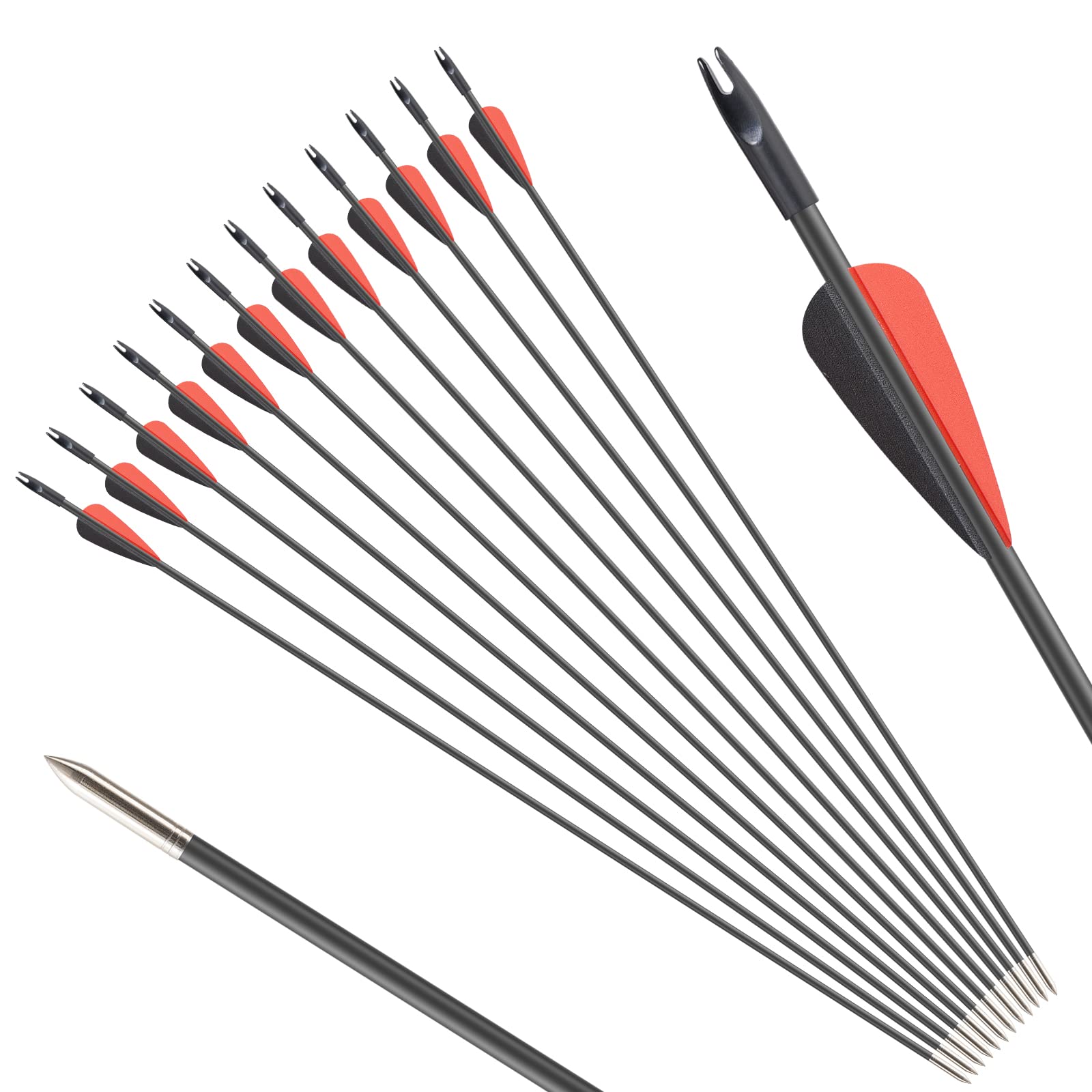 Aimdor Fiberglass Arrow 12 Pcs 30 Inch Targeting Practice Arrows Safety Arrows Hunting Arrows for Recurve Bow Compound Bow Beginner Arrow Kids Arrows with Paper Target Arrow Puller and Target Nails