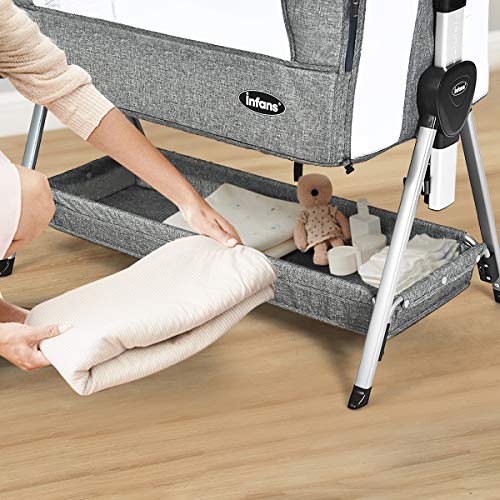 INFANS Baby Bassinet Bedside Crib, Newborn Sleeper w/Large Storage Basket, Adjustable Heights & Angle, Detachable &Washable Mattress, Breathable Mesh, Straps, Easy Moving Bed Side, Dark Grey