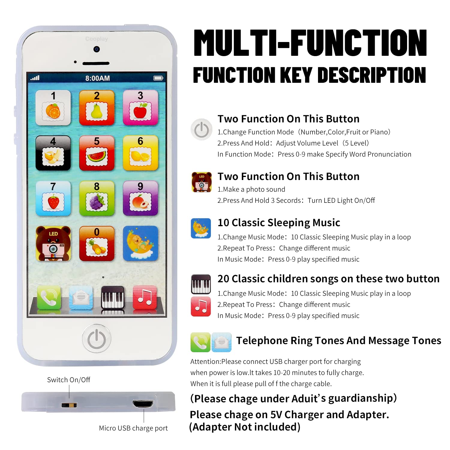 Cooplay Learning Smart Phone Toy Music Lullaby Song Touch Screen Type-C Recharable Cell Phone Mobile Yphone for Toddler Baby
