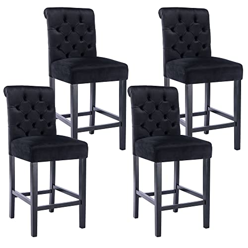 DM Furniture DM-Furniture Counter Height Barstools 26'' Velvet Bar Stools Modern Upholstered Kitchen Island Wood Chairs for Home Pub/Bistro/Coffee House (Set of 4, Black) Velvet, Black