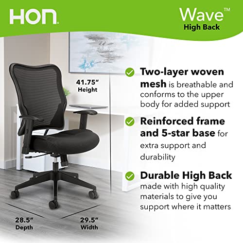 HON Wave Office Chair High Back Mesh Ergonomic Computer Desk Chair - Adjustable Arms & Pneumatic Seat Height, Synchro-Tilt Tension Lock Recline, Comfortable Cushion, 360 Swivel Rolling Wheels - Black