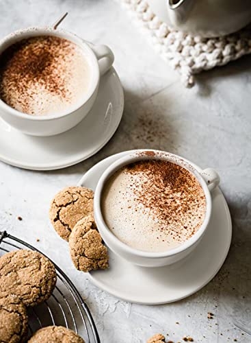 LE TAUCI 6 oz Cappuccino Cups with Saucers，Ceramic Coffee Cup for Au Lait, Double shot, Latte, Cafe Mocha, Tea - Set of 4, White