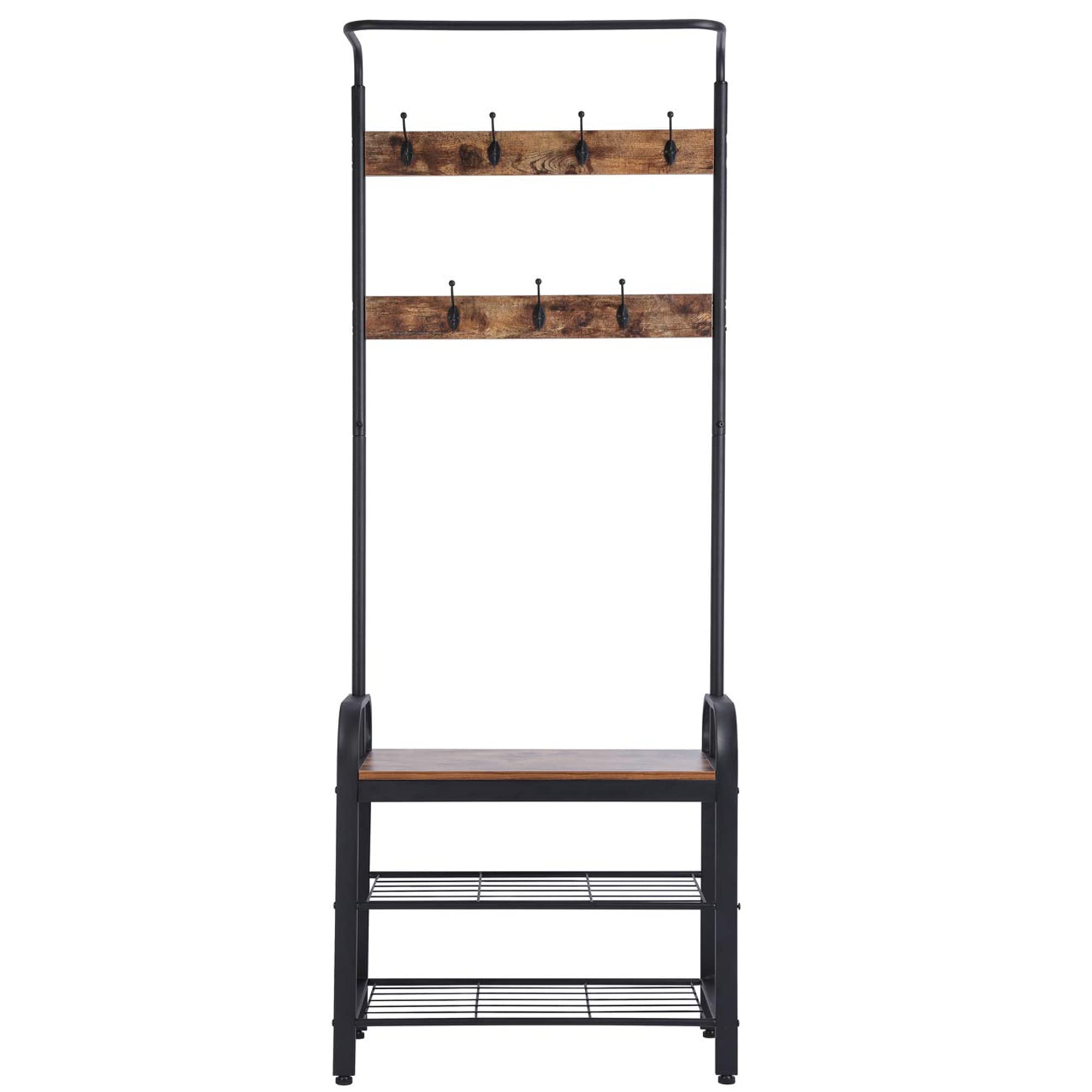 Sunnyglade Vintage Coat Rack Shoe Bench, Hall Tree Entryway Storage Shelf, Wood Look Accent Furniture Metal Frame, 3 in 1 Design, Easy Assembly