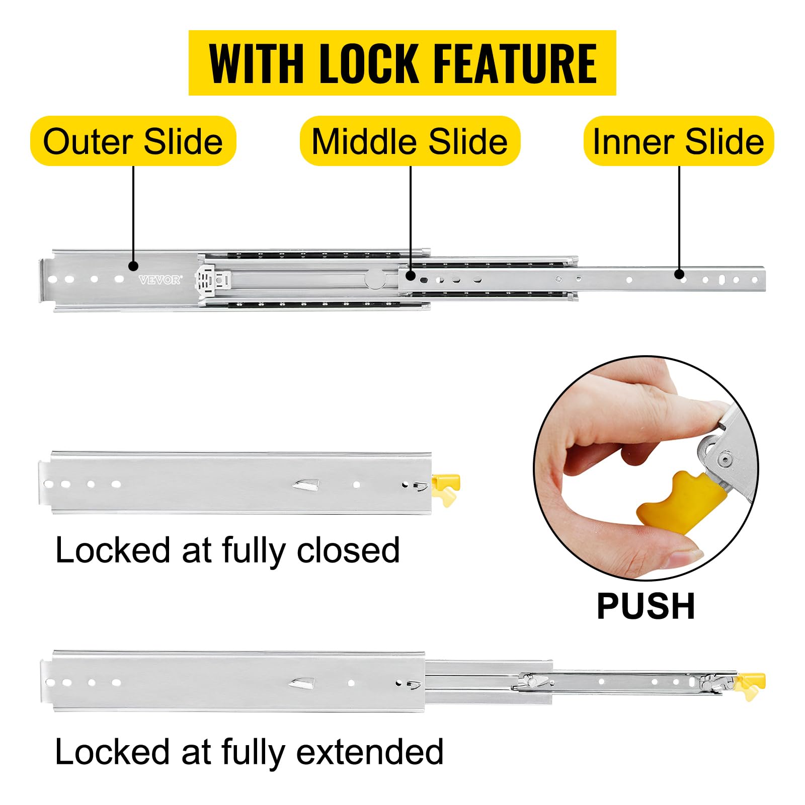 VEVOR Drawer Slides 18inch, 1 Pair Locking Drawer Slides 500lbs Load Capacity, Side Mount Ball Bearing, 3-Fold Full Extension