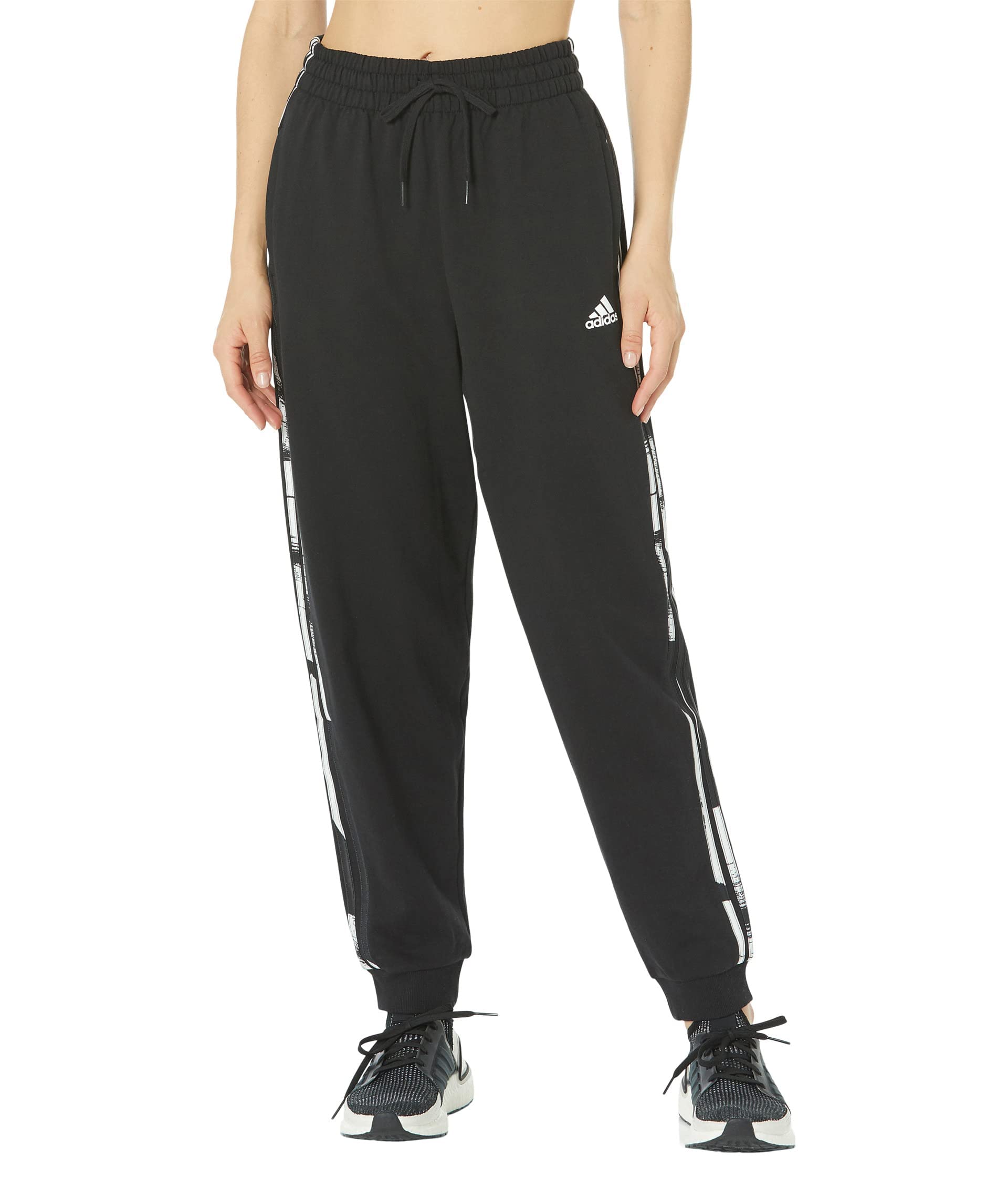 adidas Women's Essentials Printed 3-Stripes Loose Pants, Black/White, Large