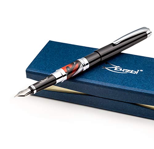 ZenZoi Black Fountain Pen Fine Nib - Beautiful Luxury Pen For Men Or Women With German Schmidt Nib, Converter, 2 Ink Refills (Blue & Black) & Pen Gift Box. Nice, Executive Pens For Smooth Writing