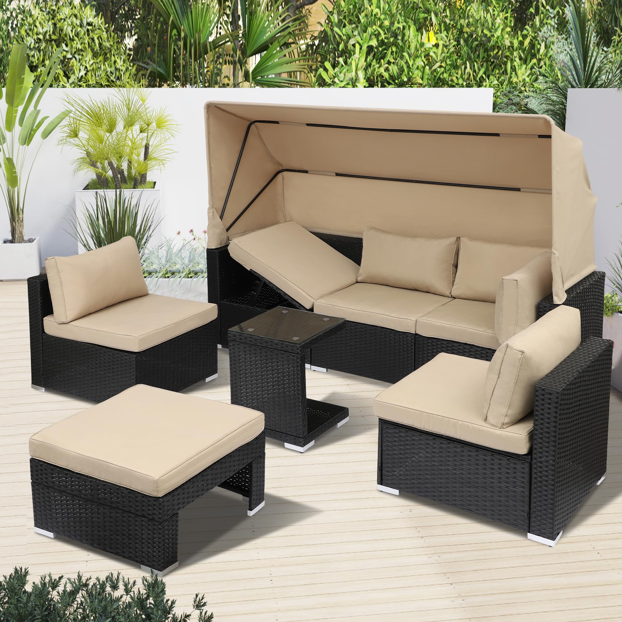LETATA 7 Pieces Wicker Patio Furniture Sets, Rattan Daybed with Retractable Canopy, Outdoor Sectional Sofa Set with Adjustable Backrest, Chaise Chair Sunbed for Garden Poolside Backyard (Khaki)