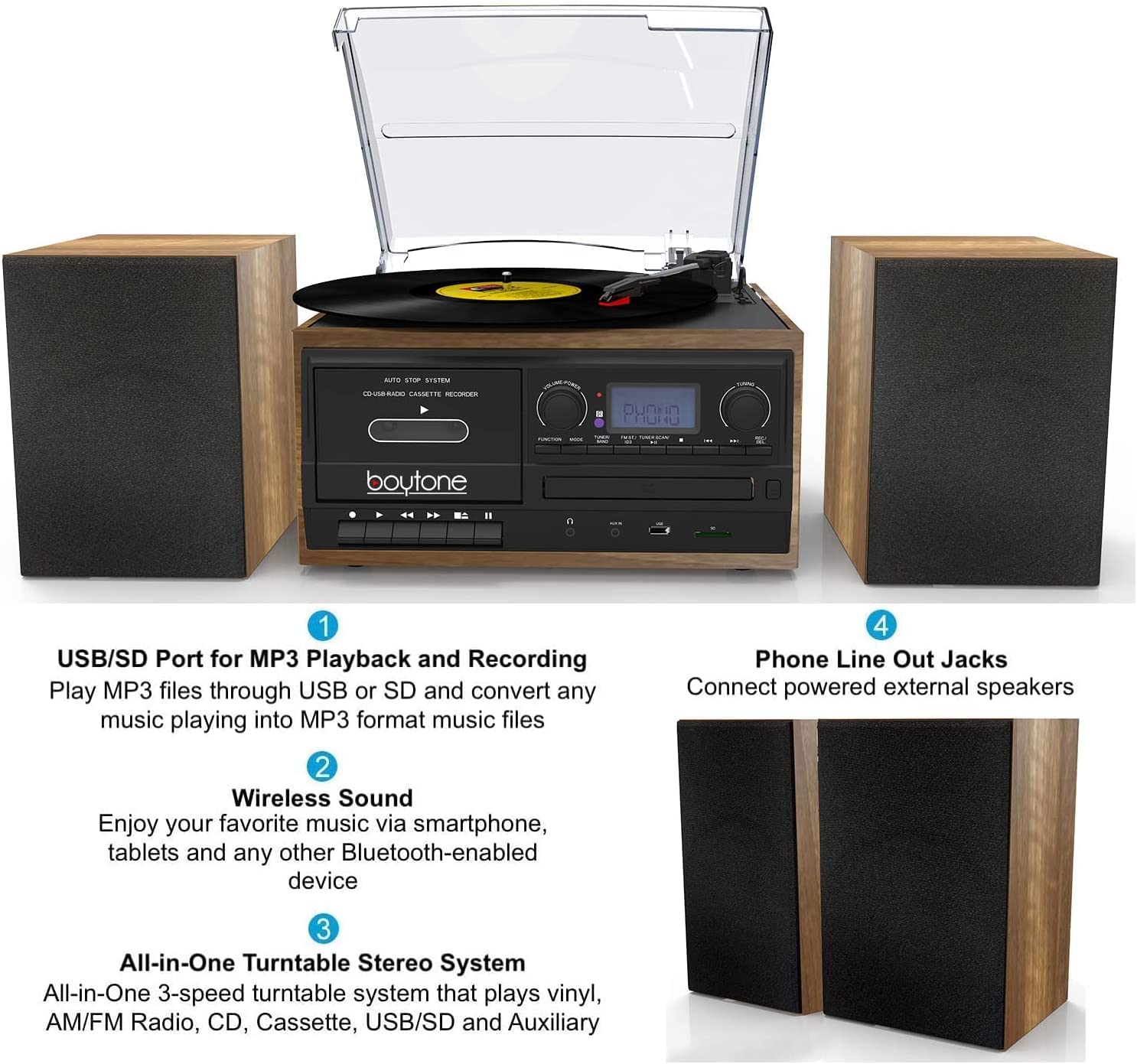 Boytone BT-58W Bluetooth Record Player Turntable with CD Player, Convert LP Vinyl, CD to MP3 Player, Cassette, AM/FM Radio, USB/SD Encoding, Remote Control, Audio Music Player Built in Amplifier