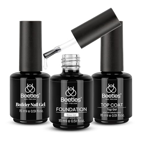 Beetles 3Pcs 15ml Top and Base Coat Set No Wipe Gel Top Coat Base Coat Set Builder Nail Gel for Nails Shine Finish and Long Lasting Soak Off Led Gel Base Top Coat Glossy Gel Base and Top Coat