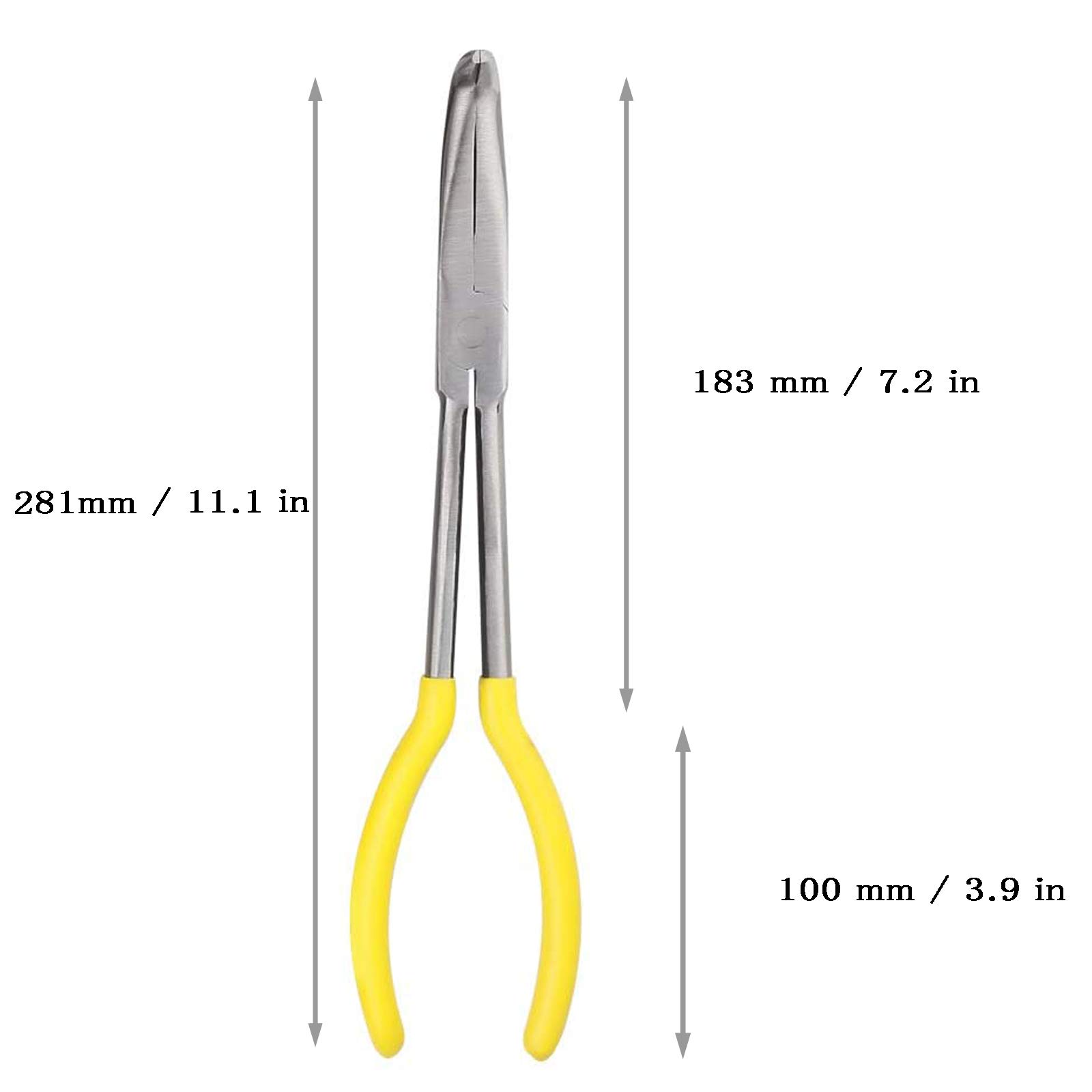 BQKKWIN 11 Inch Long Reach Long Nose Pliers Designed for Mechanics, Technicians, and Contractors Work with Delicate or Difficult-to-Reach Pieces Milled-Jaws Steel “90° Degree Bent Nose Plier