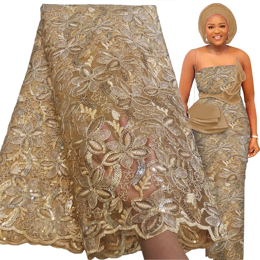 Bestway Lace Floral Sequins Embroidery African Lace Fabric 5 Yards Gold Tulle Fabric Nigerian Wedding Party Dress Material