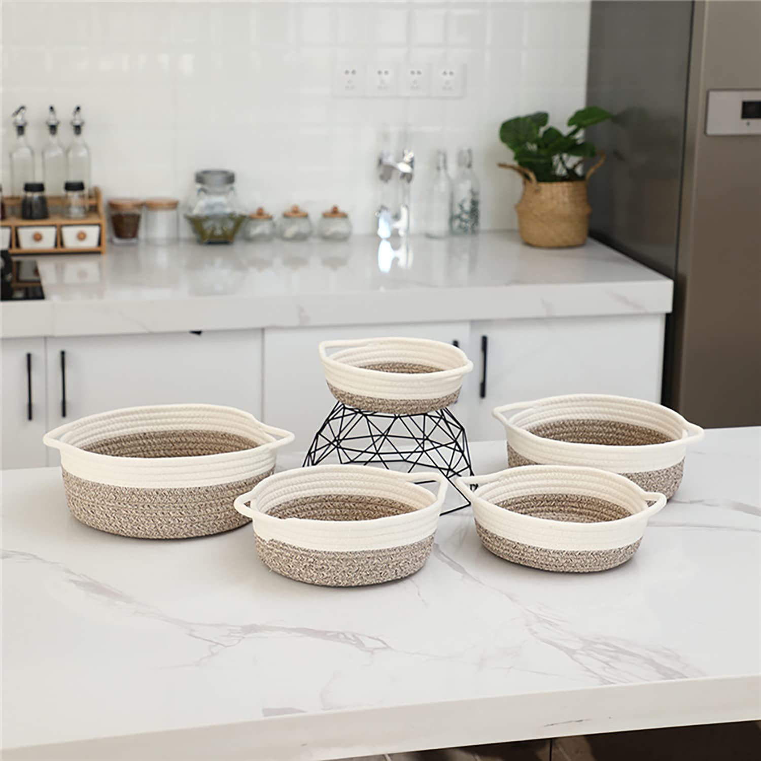 5-Piece Round Storage Basket Set- 100%Natural Cotton Rope Woven Baskets for Organizing Small Basket for Jewelry, Makeup, Dog Toy Baskets, Cat Toy Box, Bathroom Organization Bin (White & Grey)