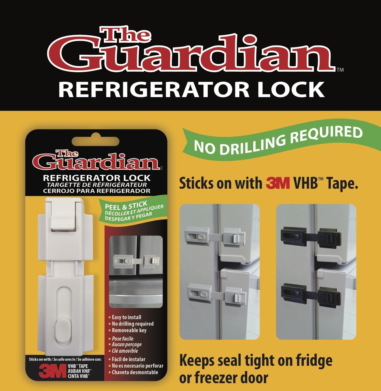 The Door Guardian No Drilling Fridge Lock - White | Home Refrigerator Door Lock, Latch Catch Toddler Kids Child Fridge Locks Baby Safety Child Lock