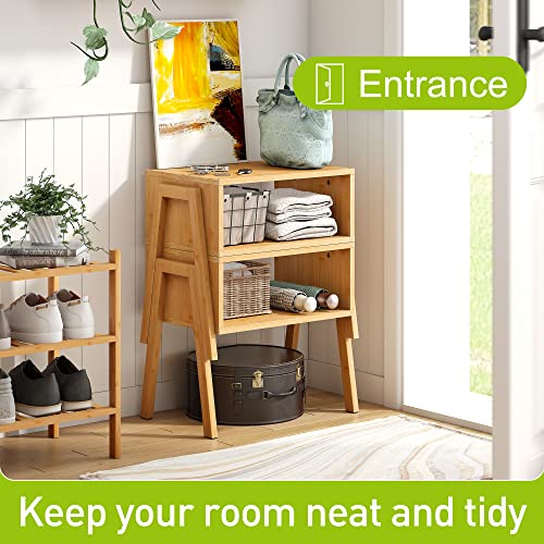 End Table Set of 2 Bamboo Stackable Bedside Table Living Room Nightstand 2-Tier Storage Shelf Wood Sofa Table for Small Space Bed Room Living Room