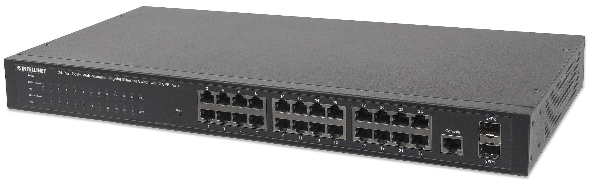 Intellinet 24 Port PoE Web Managed Gigabit Ethernet Switch with 2 SFP Ports - 240W Power Budget, Self Healing Network, SNMP Management, Endspan, 19" Rackmount - 3 Yr Mfg Warranty - 560559