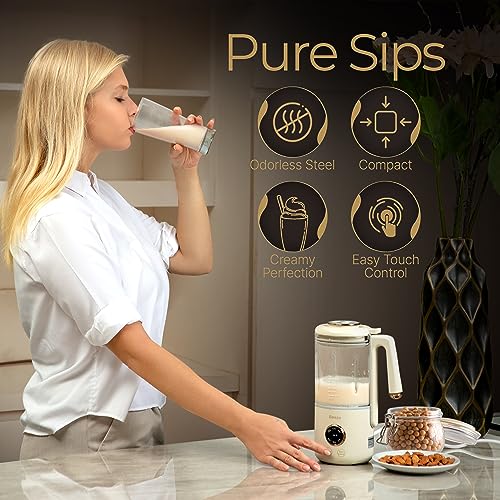 BEEZE Automatic Nut Milk Maker - 14oz Nut Milk Maker Machine - Almond Milk Maker - Milk Tea, Soy, Oat, Almond, Cashew, Coconut Milk, Glass Blender, Built In Strainer, Smart Touch, Recipe Book Included