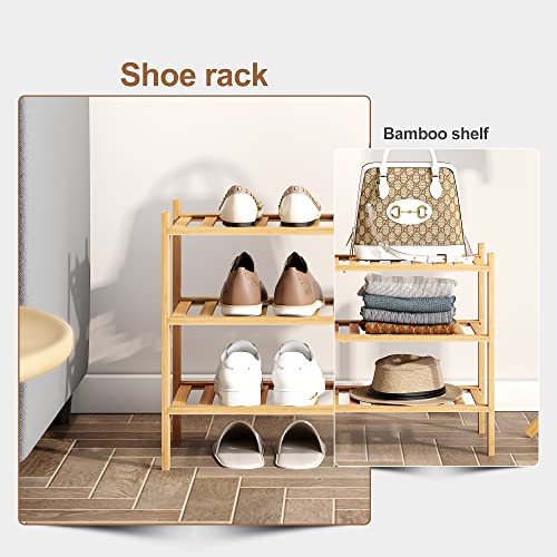FILWH Bamboo Shoe Rack Stackable Shoe Shelf Storage Organizer for Unit Entryway Hallway and Closet Sturdy Freestanding Shoe Shelf Natural (3 Tier)