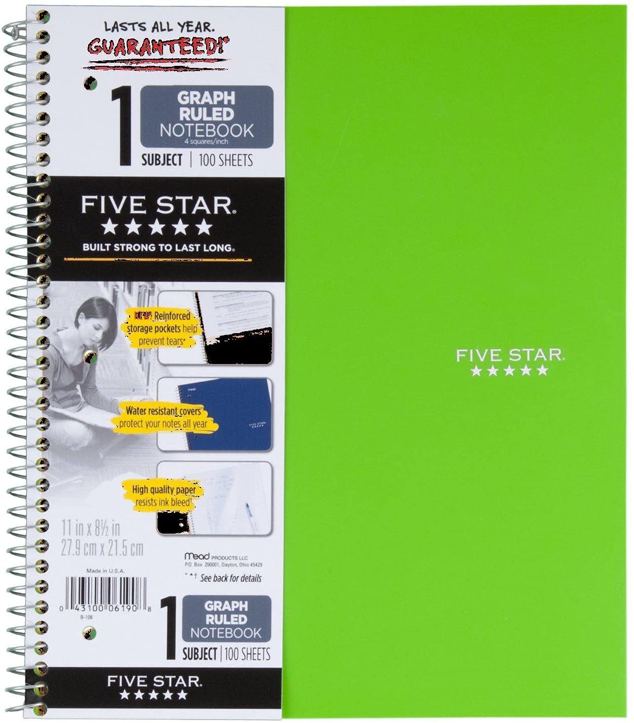 Five Star Spiral Notebook, Graph Ruled, 1 Subject, 8.5 x 11 Inches, 100 Sheets, Assorted Colors (06190), Pack Of 6