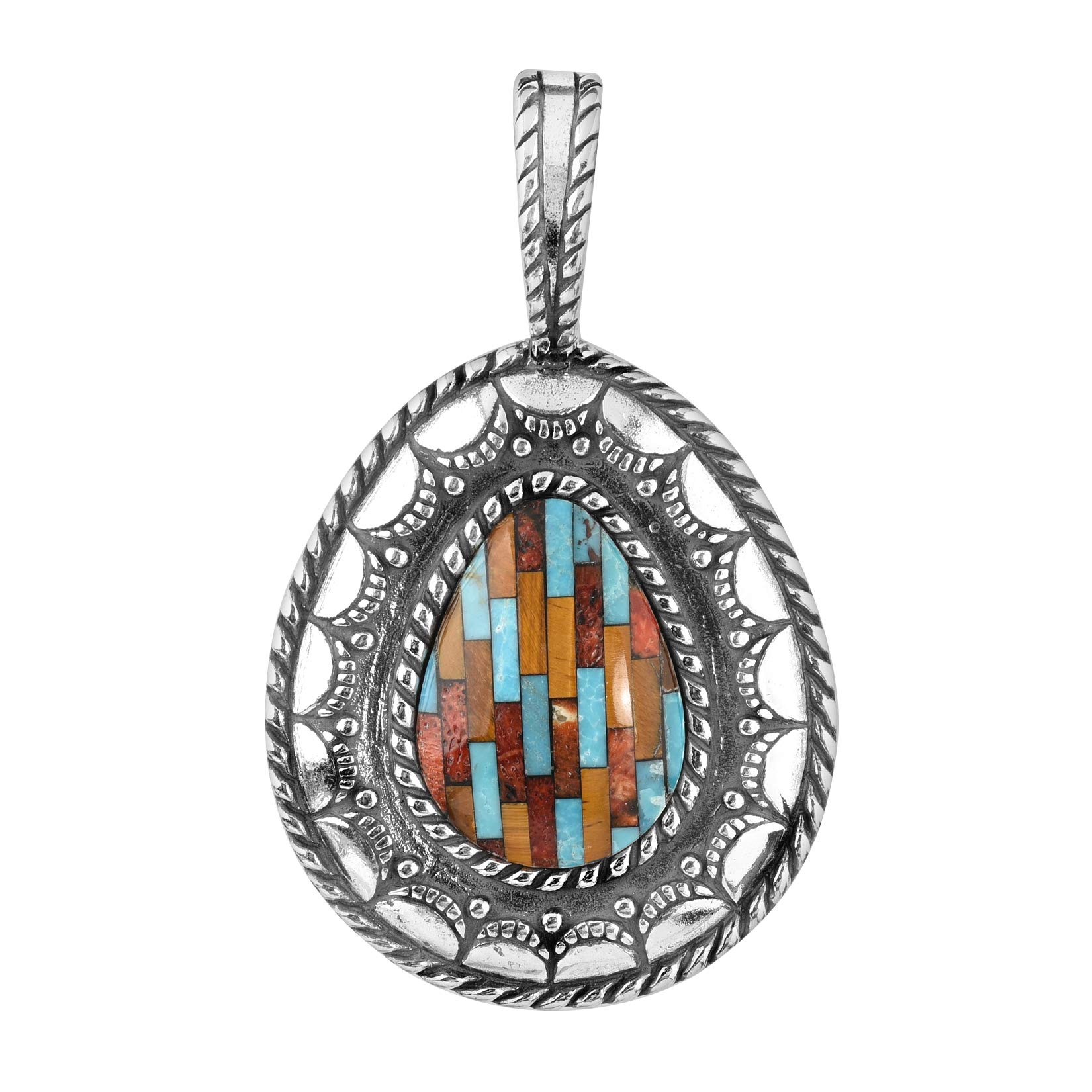 American West Sterling Tiger's Eye, Turquoise and Coral Inlay Pendant Enhancer