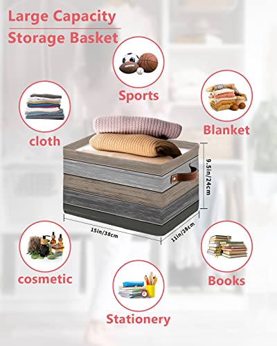 Beige Grey Ombre Storage Bins 1 Pack, Large Waterproof Storage Baskets for Shelves Closet, Brown Farmhouse Retro Wooden Striped Storage Basket Foldable Storage Box Cube Storage Organizer with Handles