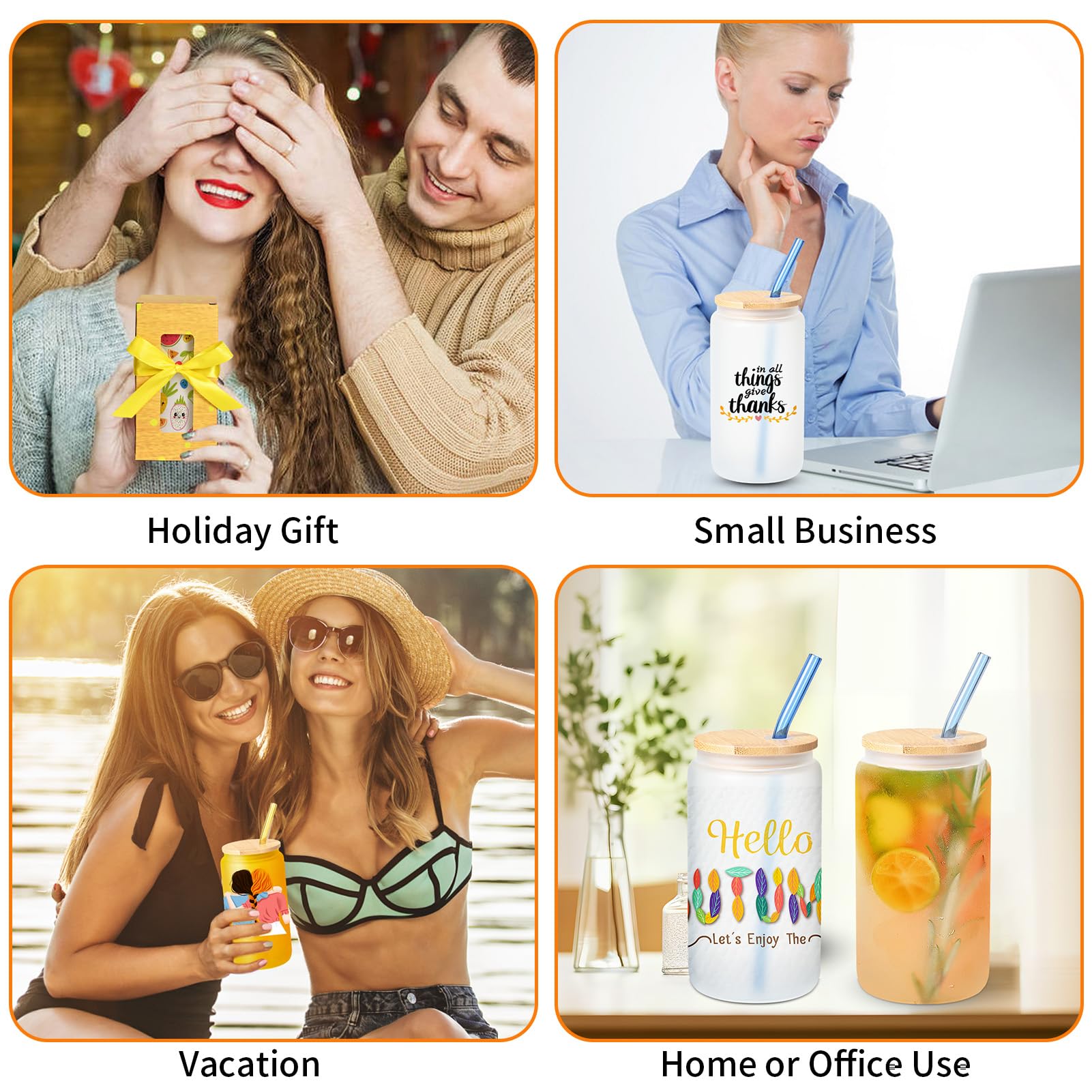 Sublimation Glass Blanks With Bamboo Lid, 16OZ Frosted Sublimation Beer Can Glass with Glass Straws Present Box Mason Jar Cups (8 PACK, Frosted)