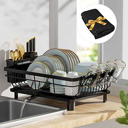 BUDO Dish Drying Rack, Stainless Steel Plate Rack with Drainboard, Removable Utensils and Cup Storage Holder, 360° Swivel Spout for Kitchen Counter (Black)