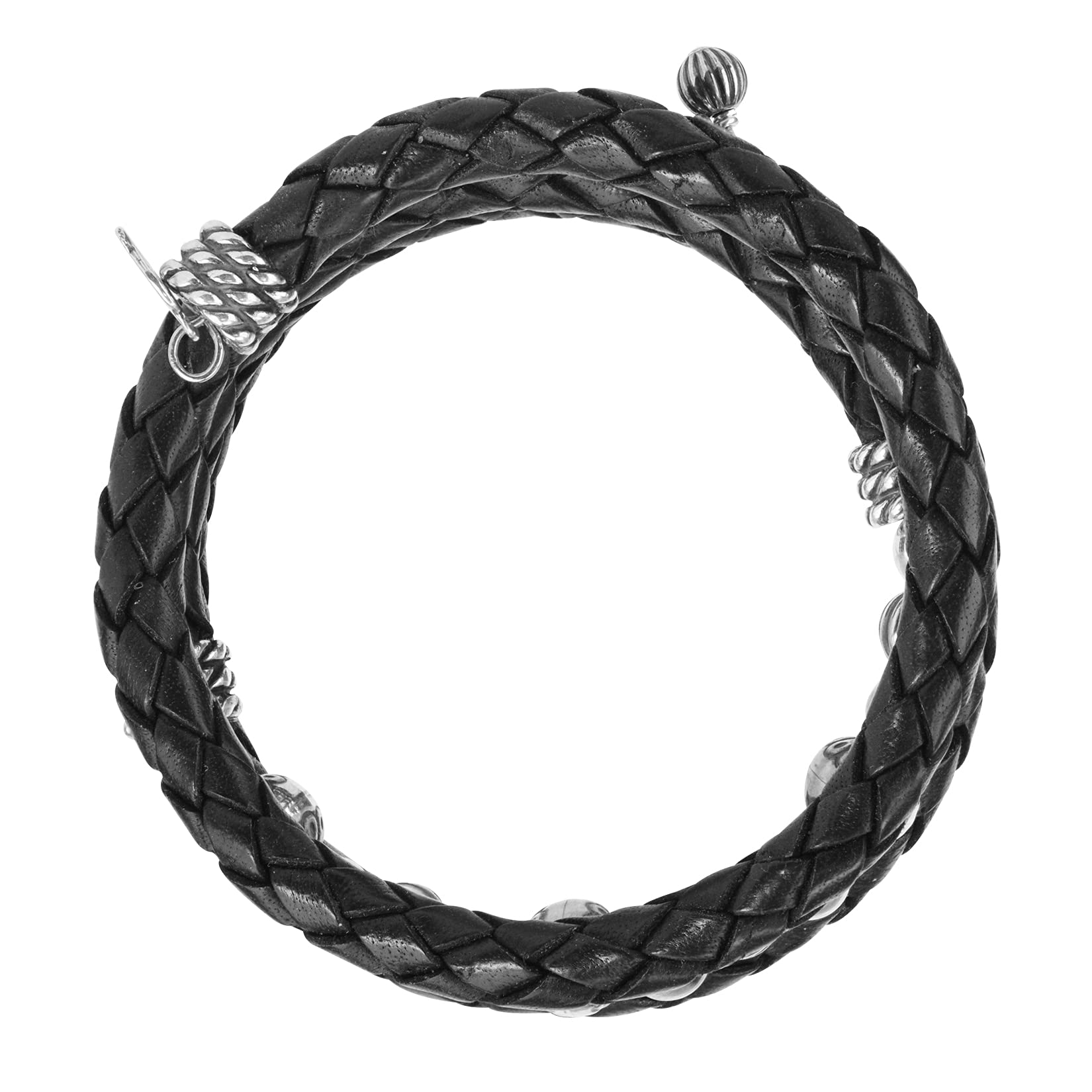 American West Sterling Silver Wrap Bracelet For Men & Women Silver Beaded Black Braided Leather One Size Fits Most